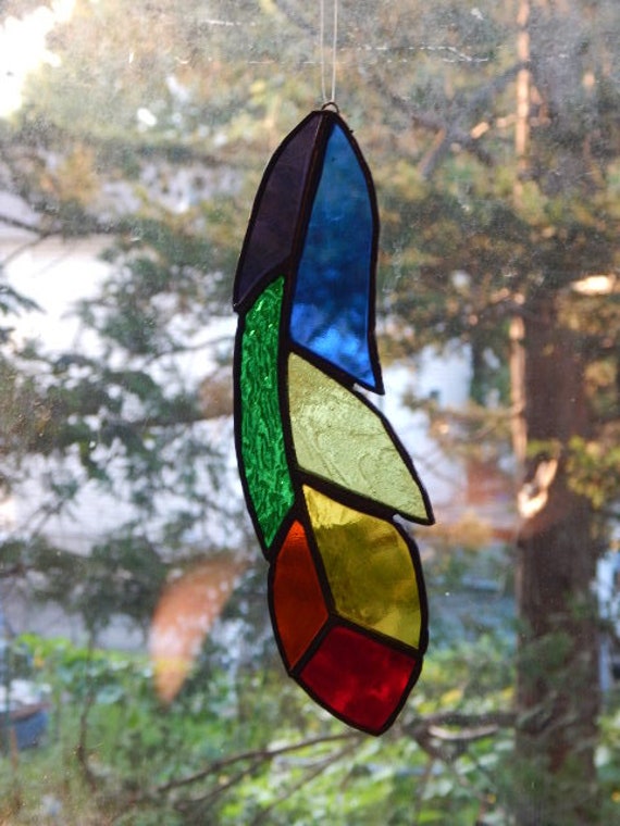 Glass Art Stained Glass Rainbow Feather Suncatcher Art & Collectibles ...