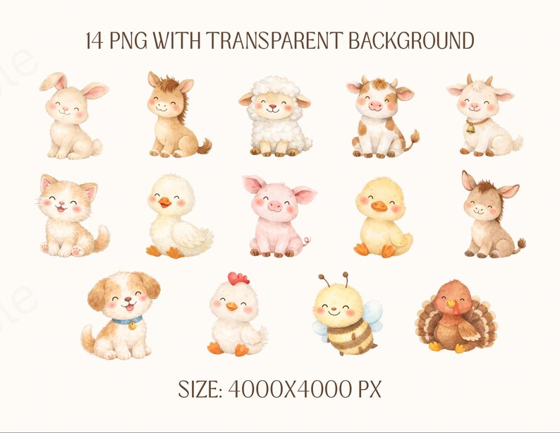 Farm Animals Clip Art, Cute Watercolor 14 PNG Bundle With Transparent ...