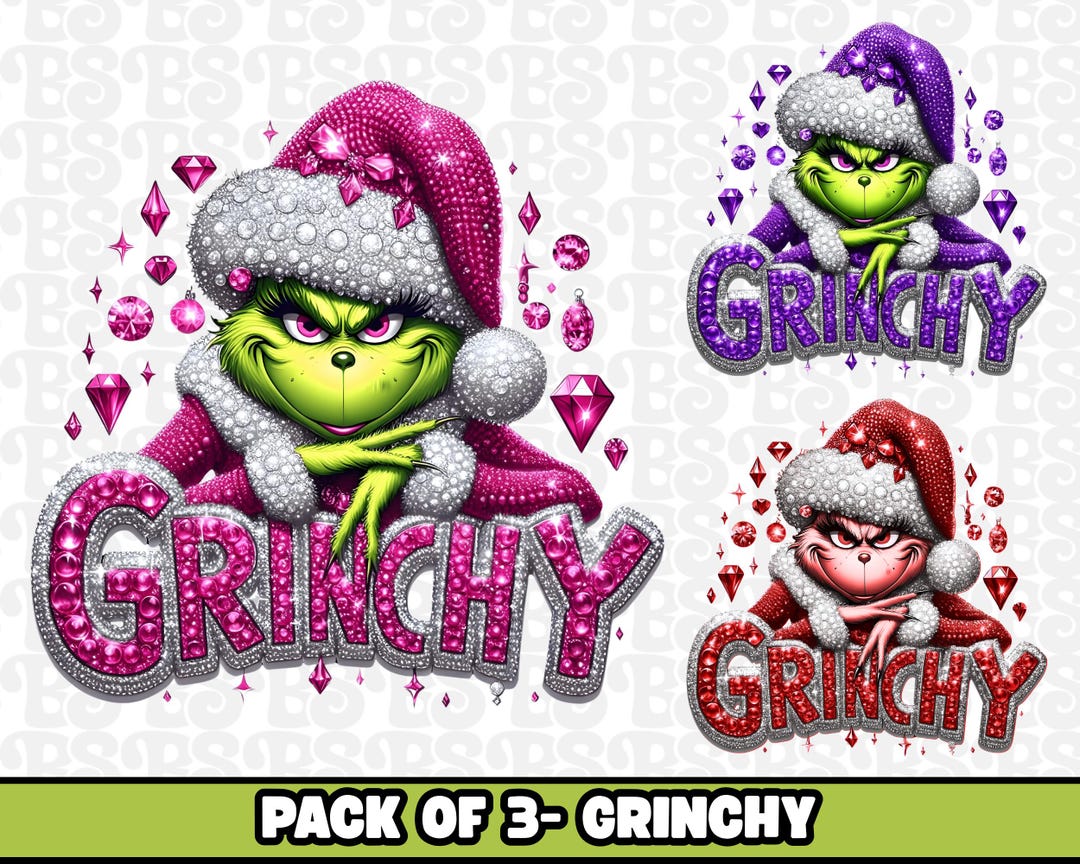 Grinchy Rhinestone Christmas PNG, Sparkly Grinch Clipart, Pack of Three ...