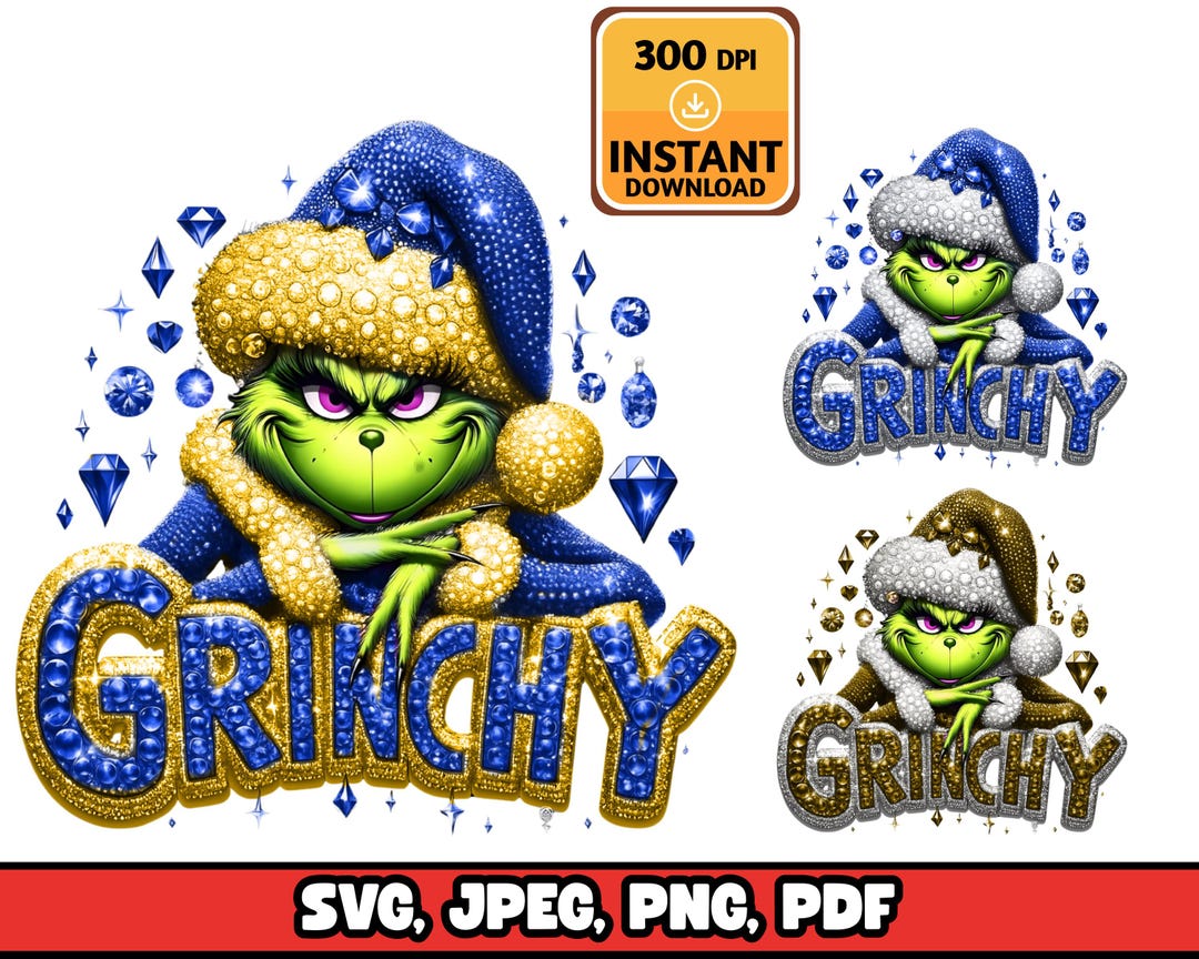 Grinchy Rhinestone Christmas PNG, Sparkly Grinch Clipart, Pack of Three ...