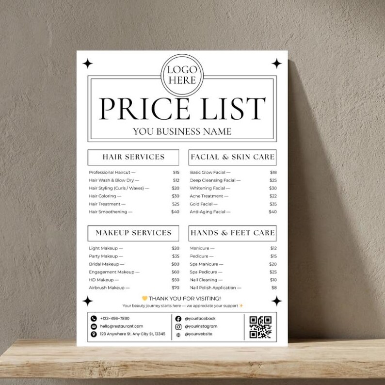 Scan to Pay Sign Price List Template Canva Editable Service Menu QR ...