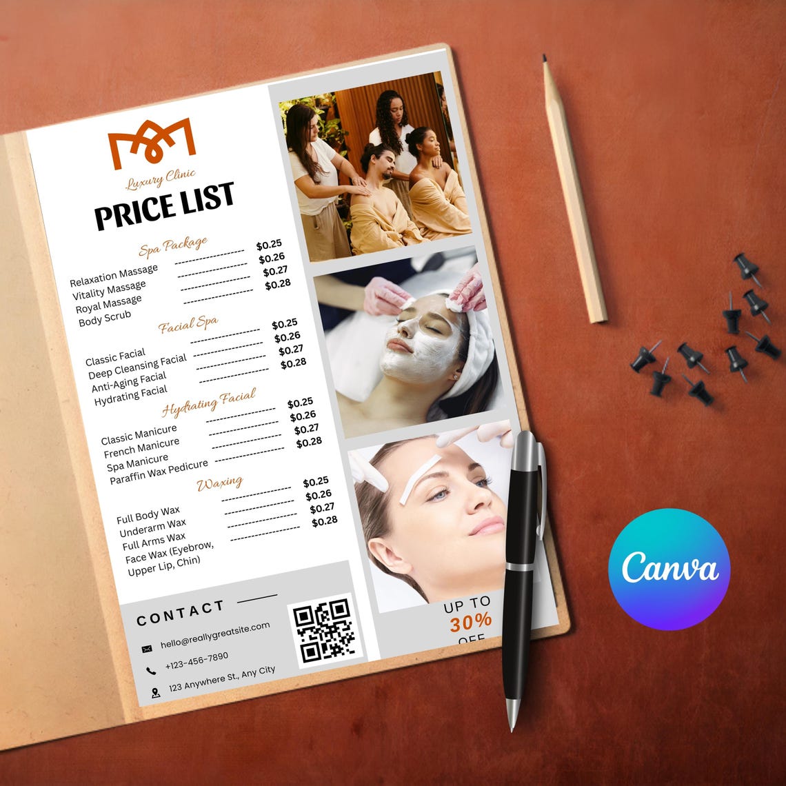 Editable Spa Price List Template Canva, Beauty Clinic Menu, Printable ...
