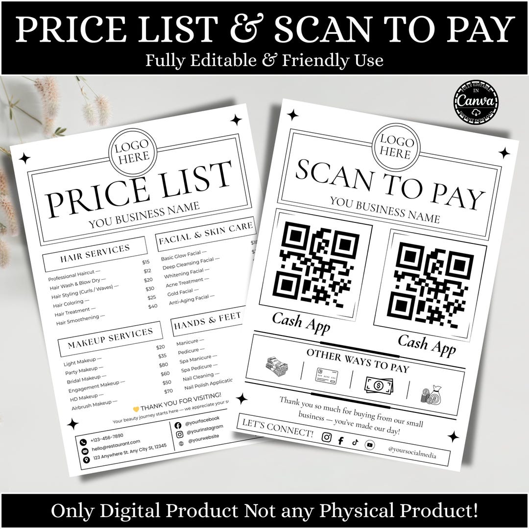 Scan to Pay Sign Price List Template Canva Editable Service Menu QR ...