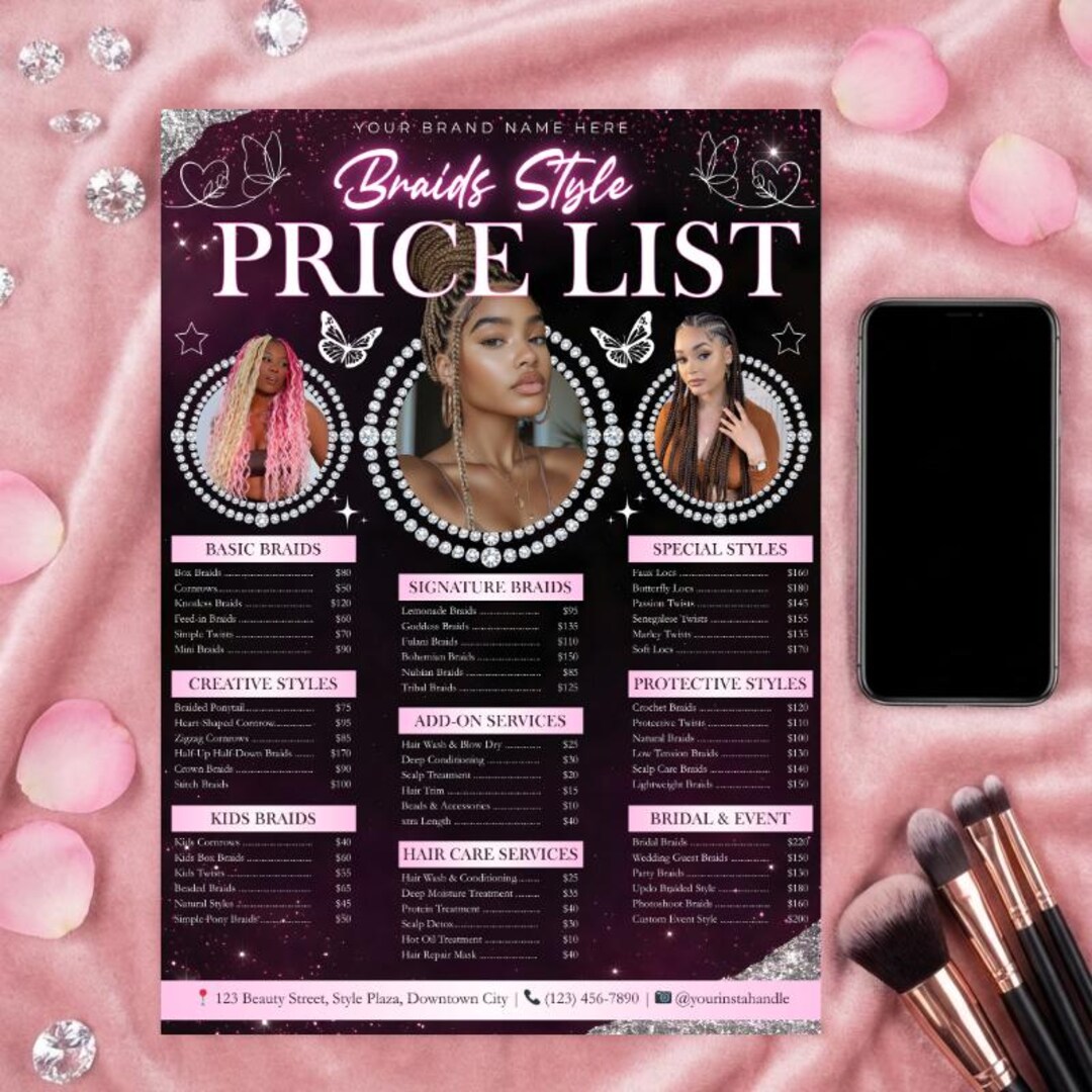 Braids Price List Template Editable Hair Braiding Services Menu ...