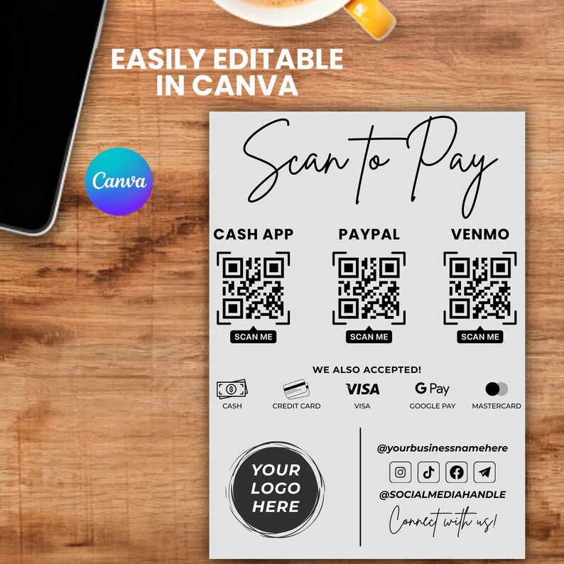 Editable Scan to Pay QR Code Sign, QR Code Checkout Card, Digital ...