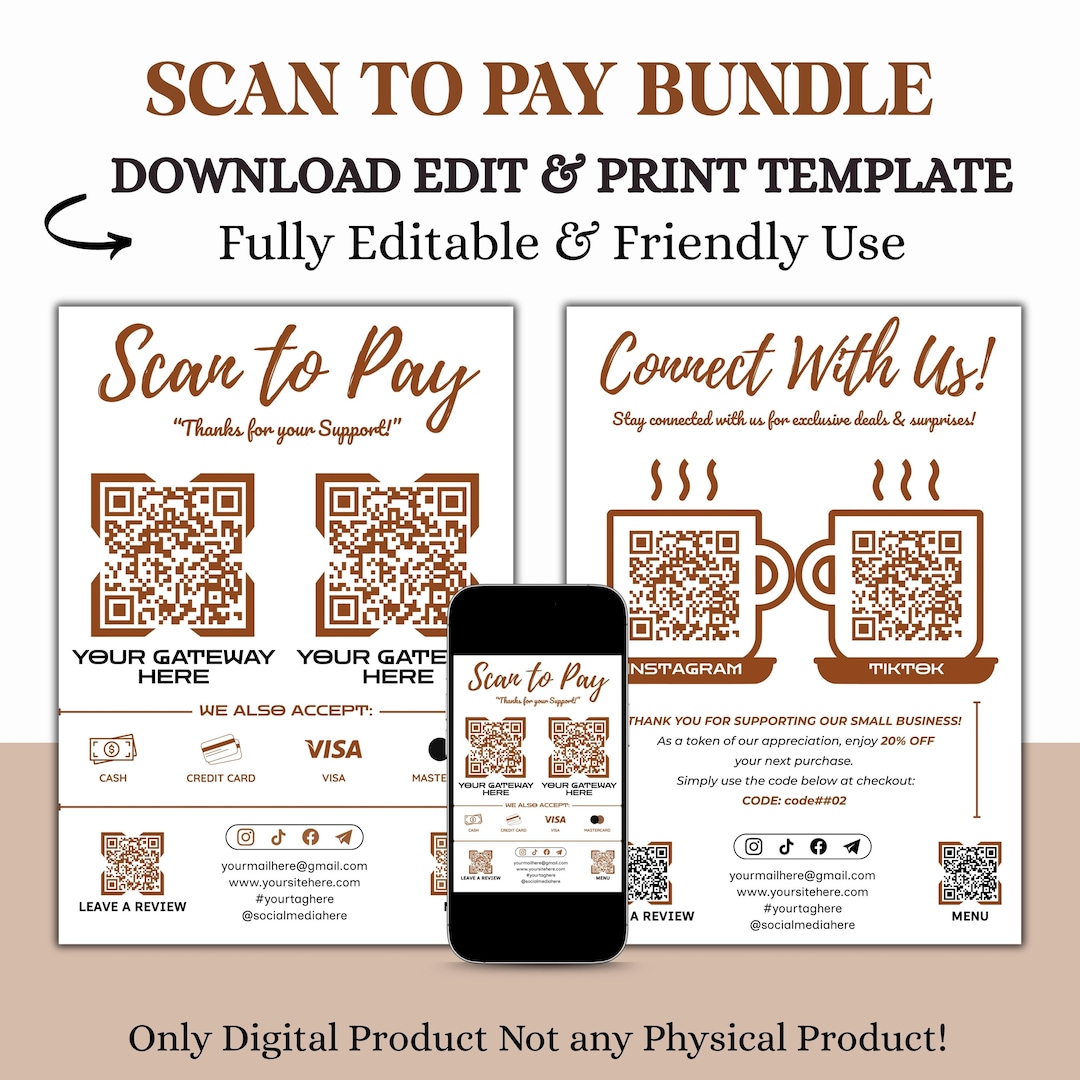 Scan to Pay QR Code Sign Bundle Canva Templates for Small Business ...