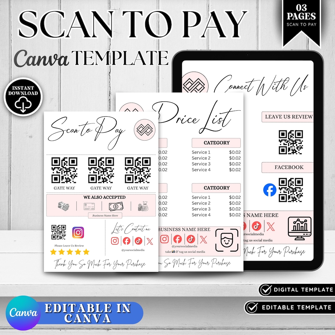 Editable Scan to Pay Sign Canva Template Bundle, QR Code Payment ...