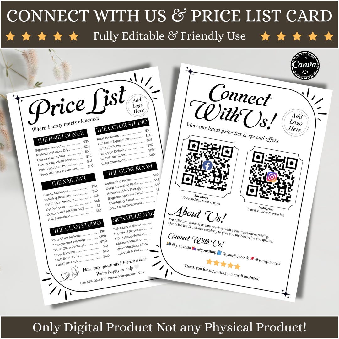 Salon Price List Template, DIY Beauty Menu, Hair Stylist Services Card ...