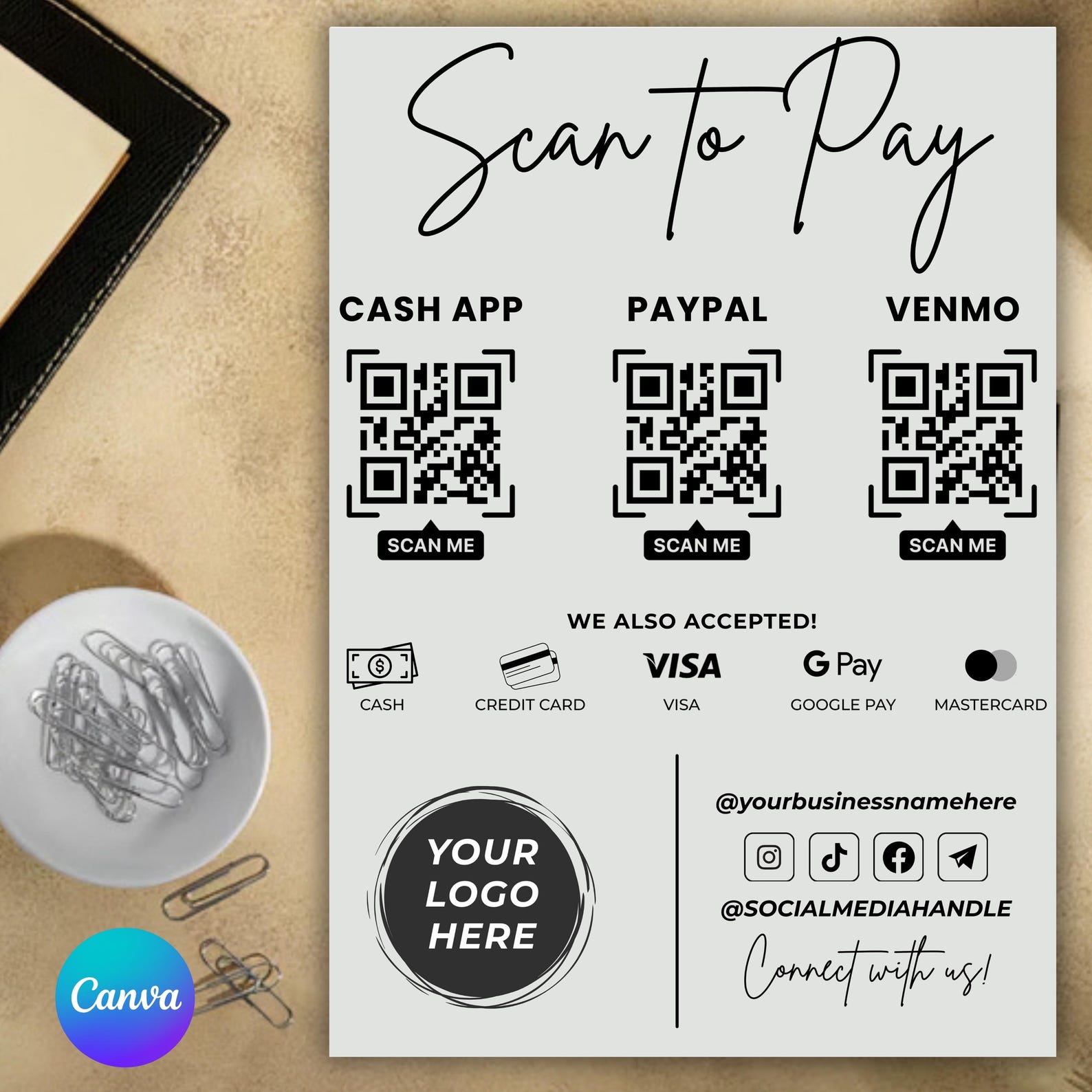 Editable QR Code Sign Canva Template, Scan to Pay Display, Custom Logo ...