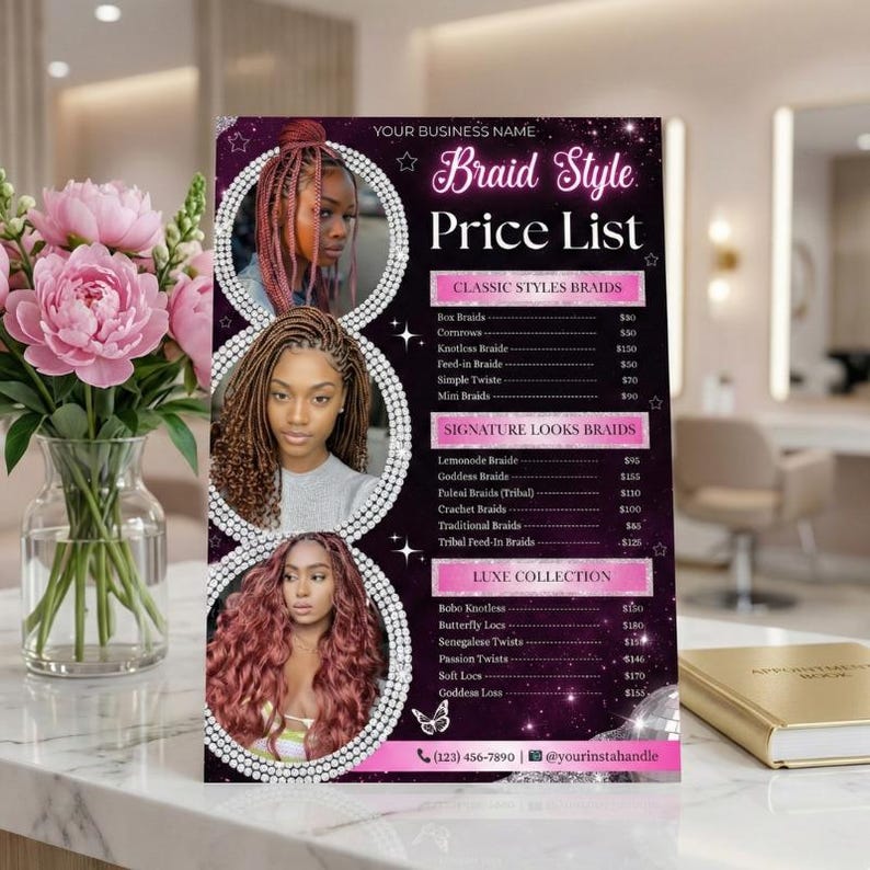 Braids Price List Template Canva Knotless Braid Styles Pricing Guide ...