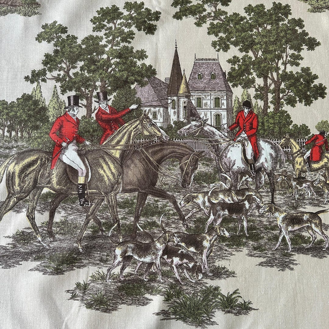 Vintage 1940s Linen Upholstery Fabric: Equestrian Fox Hunt Toile - Etsy