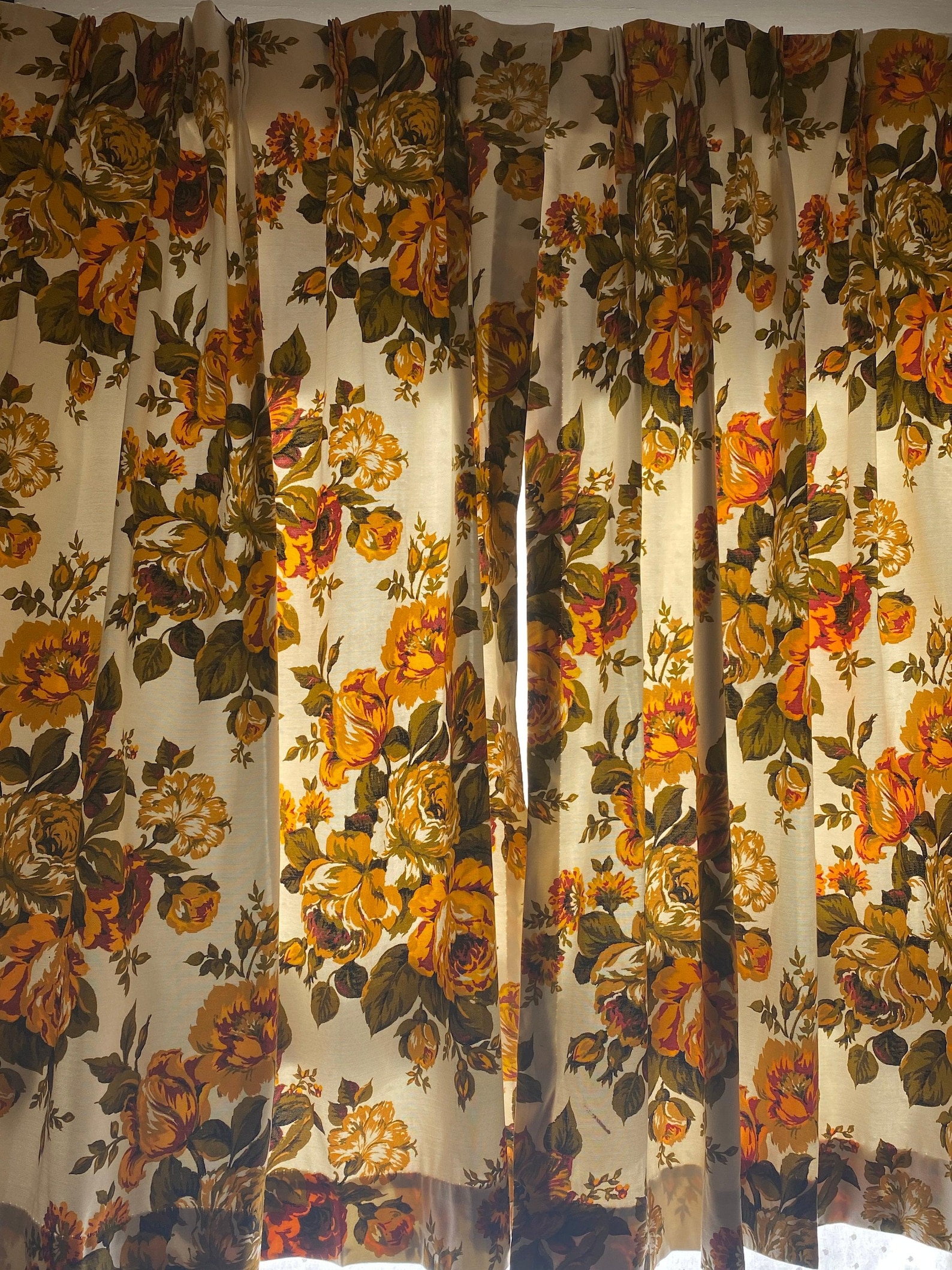 Vintage 1970s Floral Cafe Curtain Panel: Orange Flower Power, Pleat Top ...