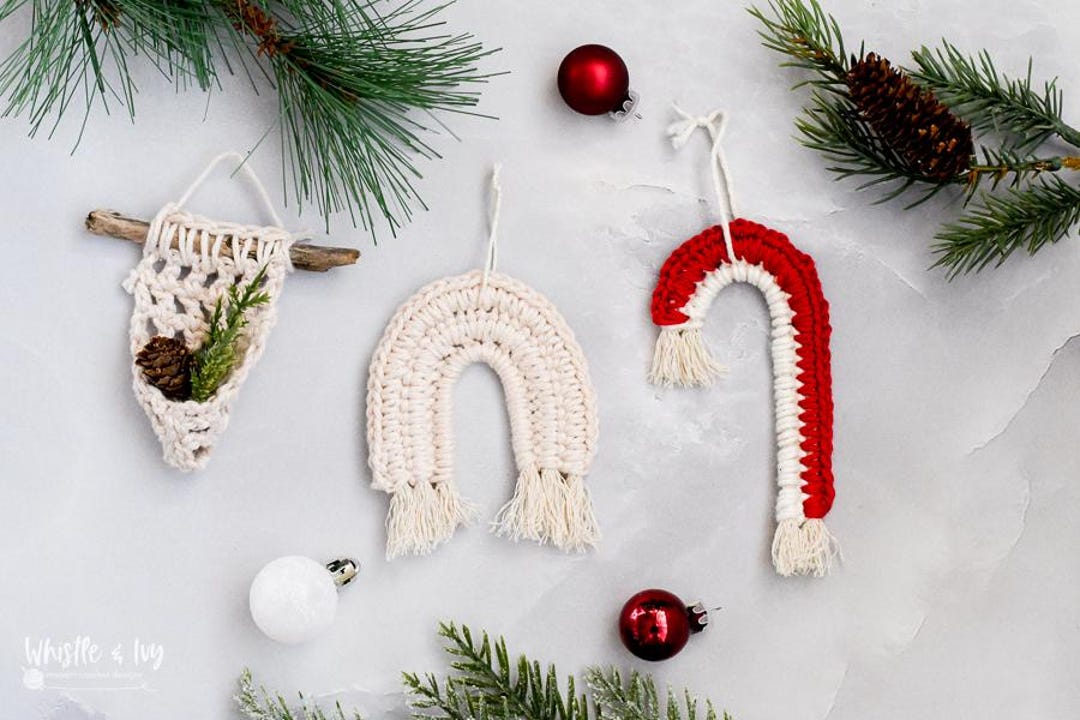Crochet Christmas Ornaments PATTERN: Boho Candy Cane, Rainbow, Plant ...