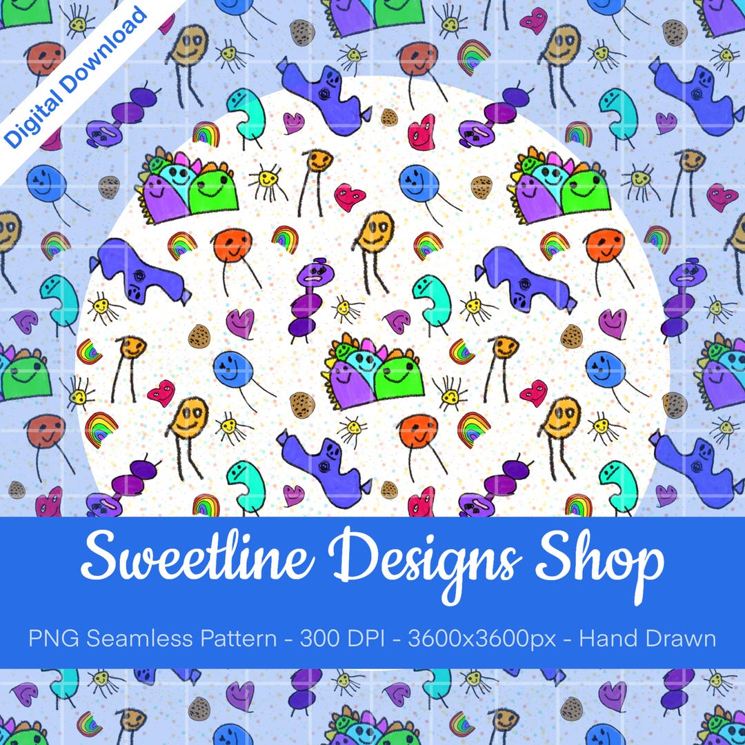 Colorful Kids Art Seamless Pattern: Whimsical Doodles, Rainbows ...