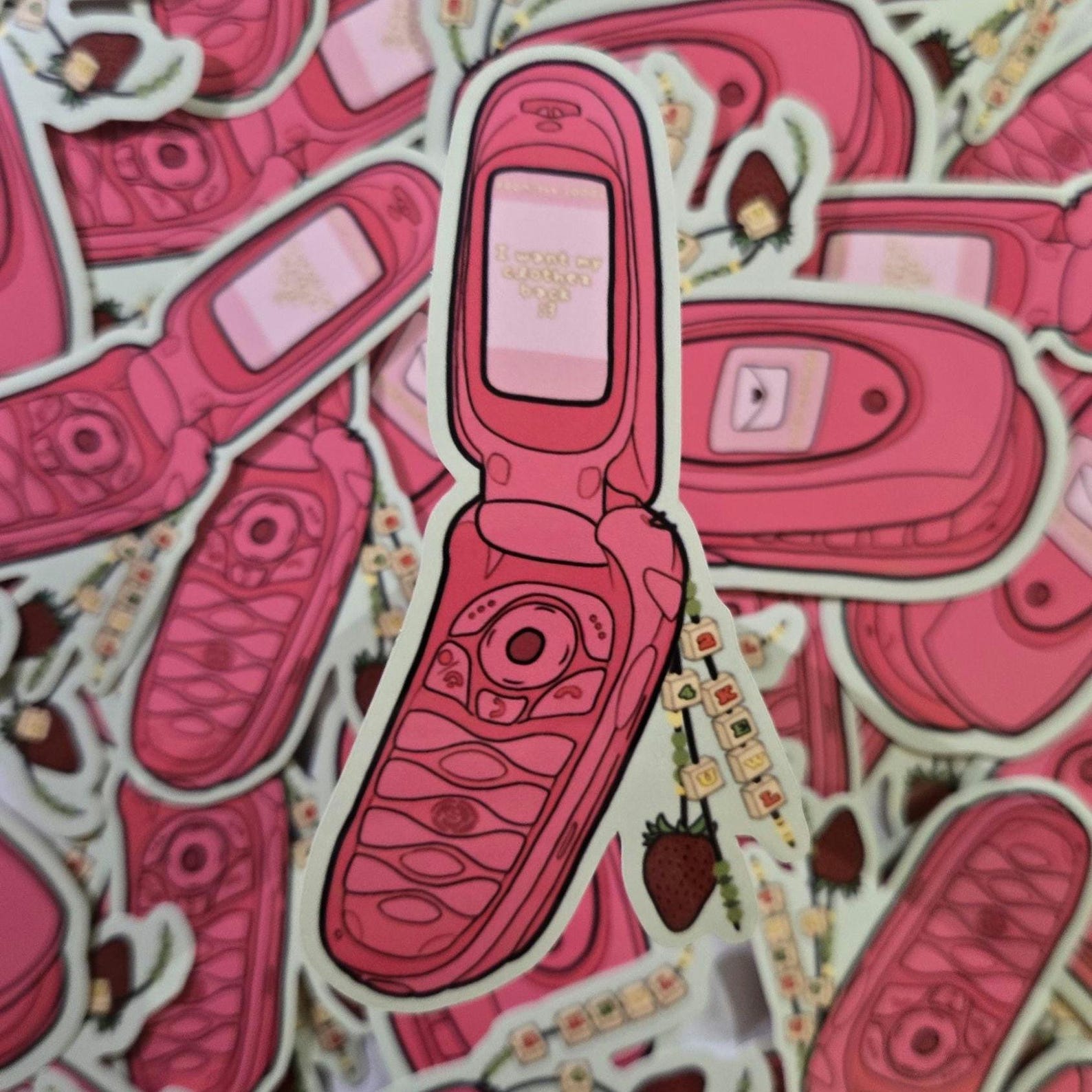 Sticker Set Y2K Pink Nokia Flip and Strawberry Keychain - Etsy