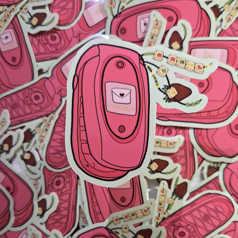 Y2k Pink Nokia Flip and Strawberry Keychain Sticker - Etsy