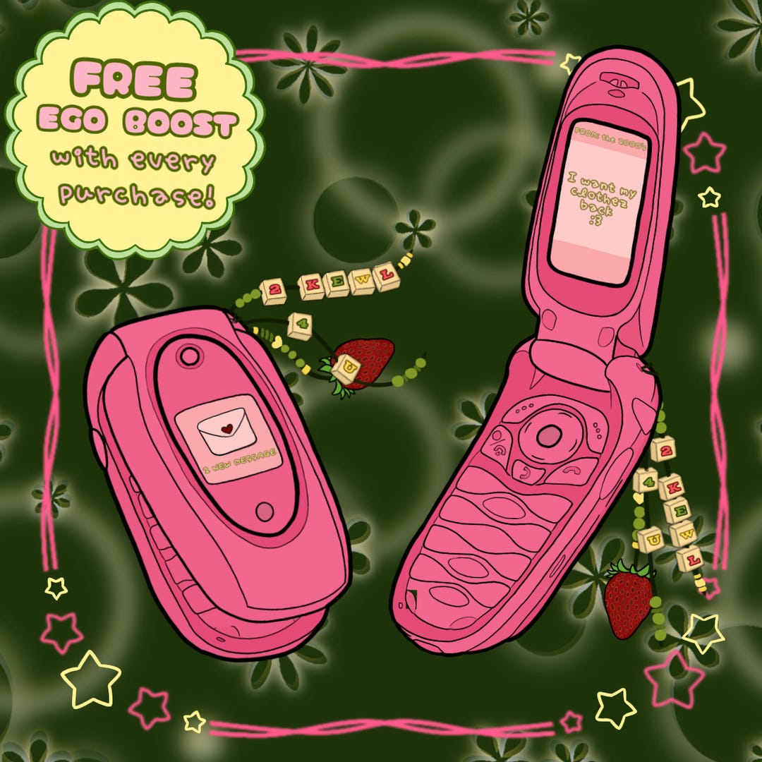 Sticker Set Y2K Pink Nokia Flip and Strawberry Keychain - Etsy