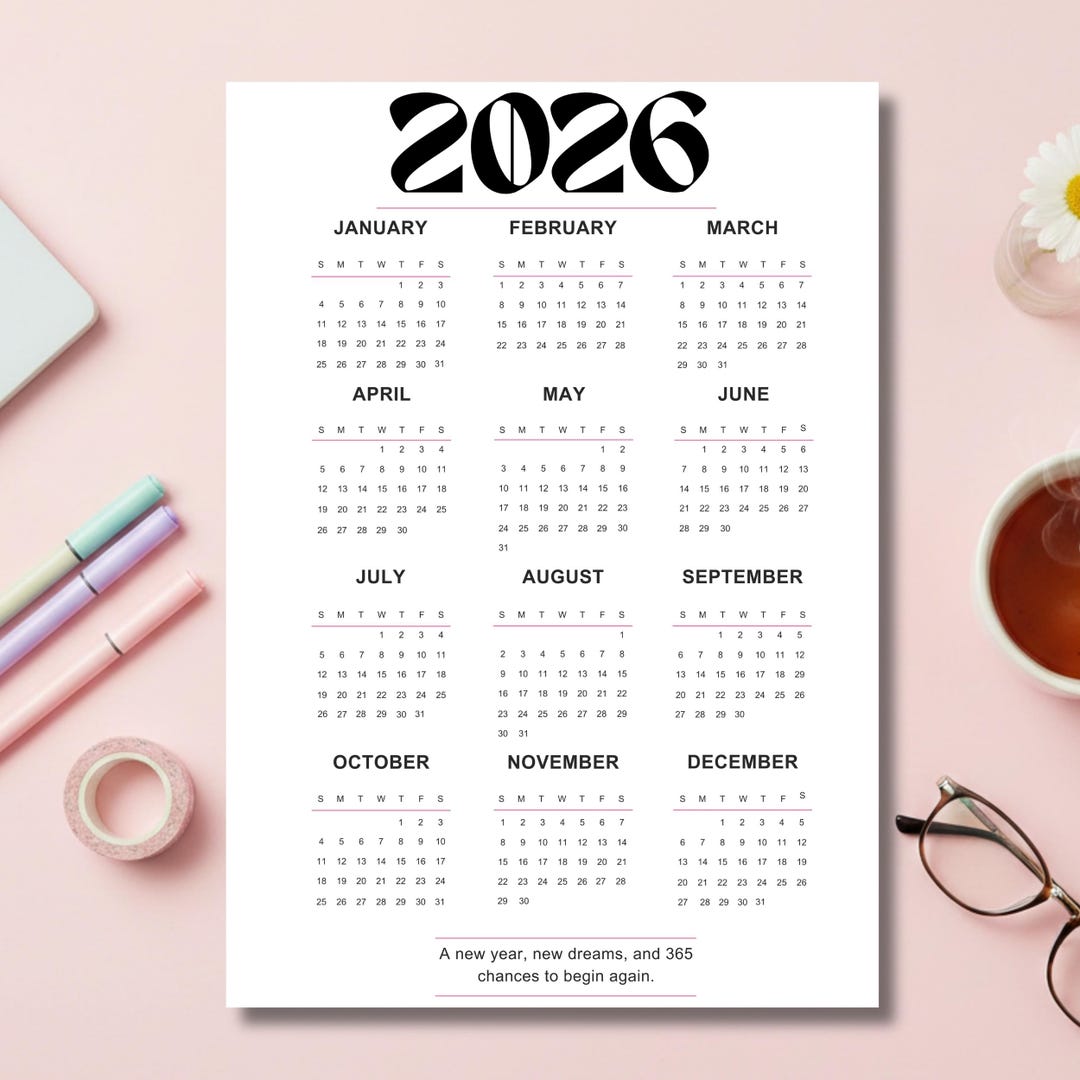 2026 Year at a Glance Calendar Printable, Minimalist One Page Wall ...