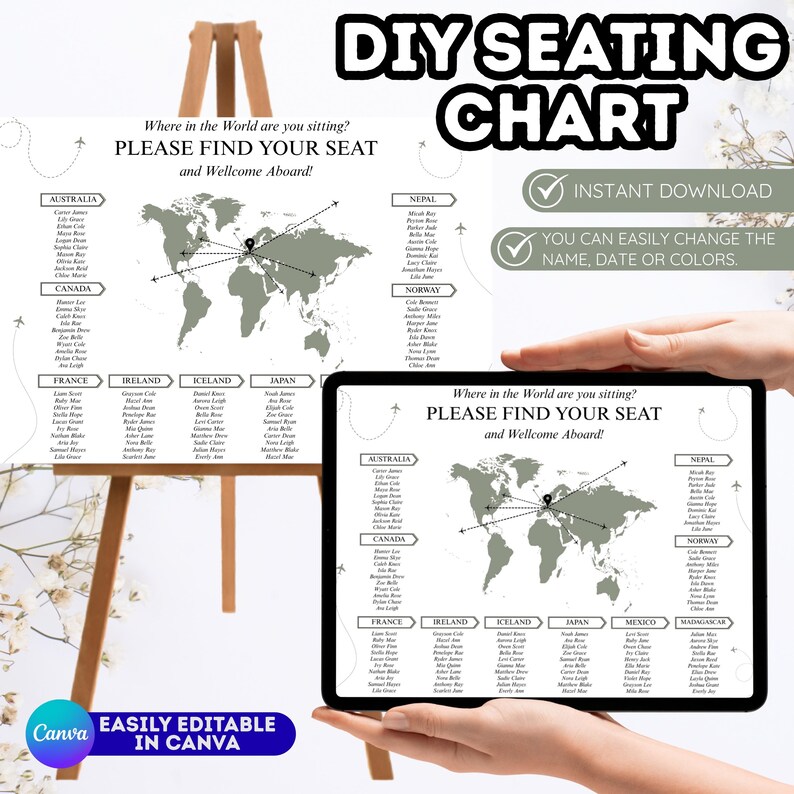 World Map Seating Chart Templates,travel Themed Table Plan for ...