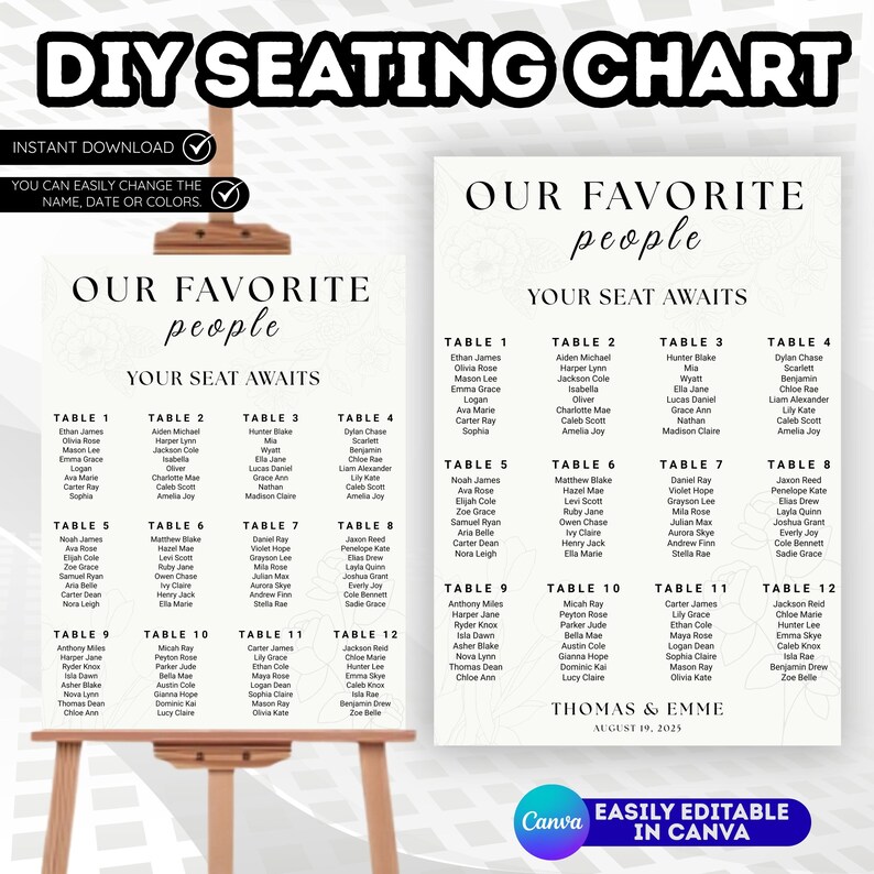 Editable Wedding Seating Chart Template, Printable Seating Plan Digital ...
