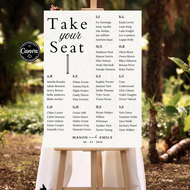 Editable Wedding Seating Chart Template, Alphabetical Table Plan ...