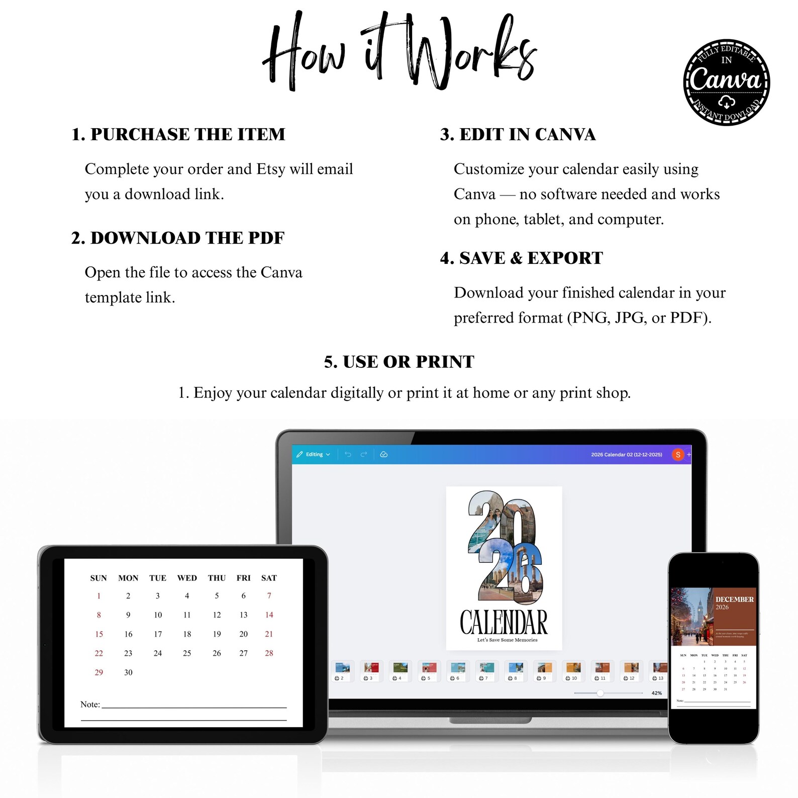 Editable Monthly Calendar Template, Custom Digital Desk Calendar 2026 ...