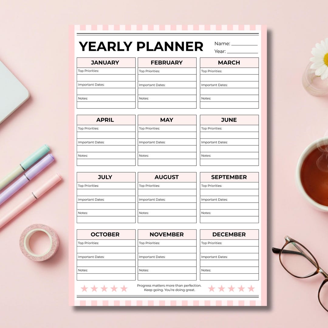 Yearly Planner Printable • Undated Year at A Glance Calendar • Pink One ...