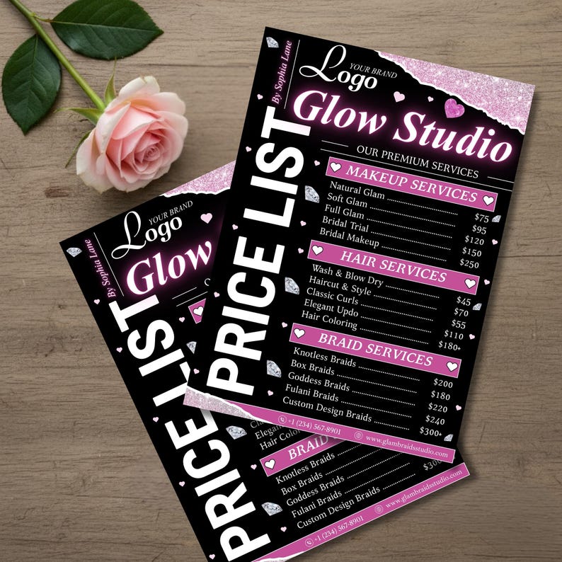 Editable Beauty Salon Price List Template Canva Pink Glam Makeup Hair ...