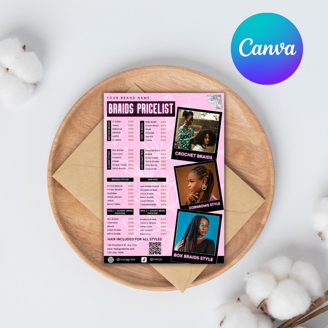 Editable Braids Price List Template: Canva Salon Menu Design - Etsy