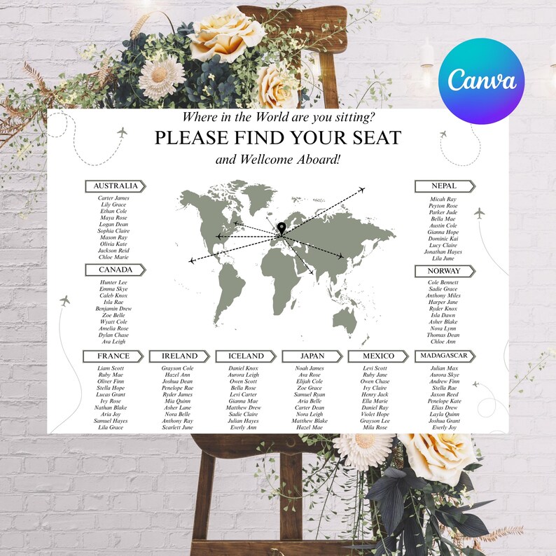 World Map Seating Chart Templates,travel Themed Table Plan for ...