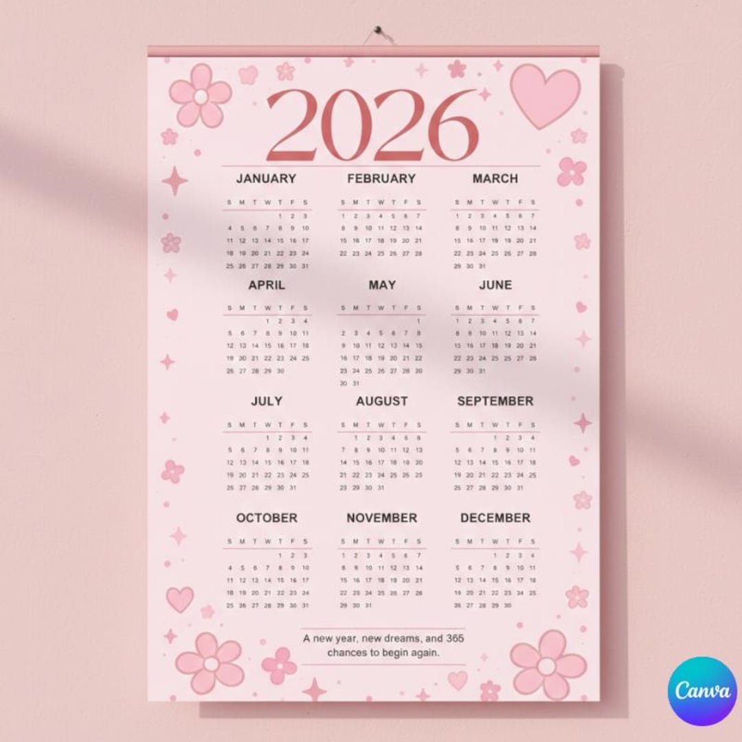Editable 2026 Year Calendar Canva Template, Pink Cute Year-at-a-glance ...