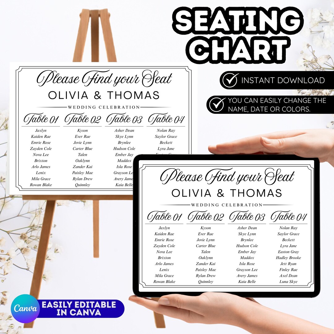 Editable Wedding Seating Chart, Modern Reception Table Plan Template ...