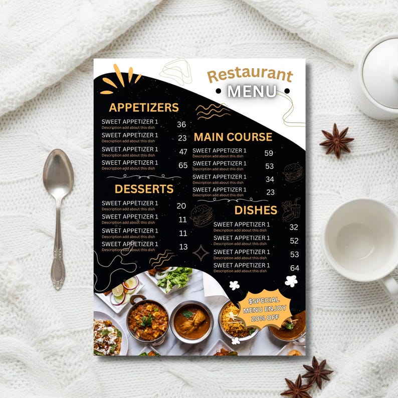 Restaurant Menu Template Editable Canva, Dark Modern Food Menu Design ...