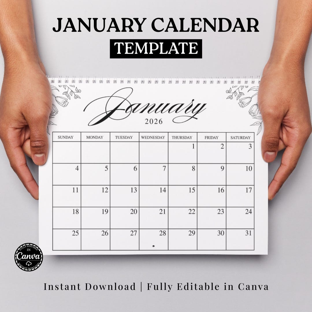 Editable January 2026 Calendar Canva Template, Printable Landscape ...