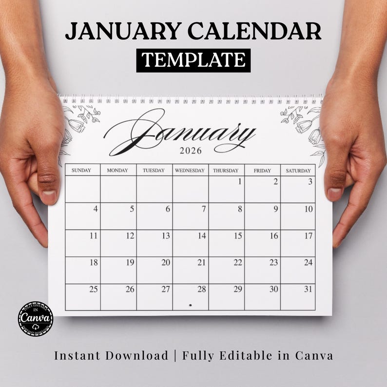 Editable January 2026 Calendar Canva Template, Printable Landscape ...