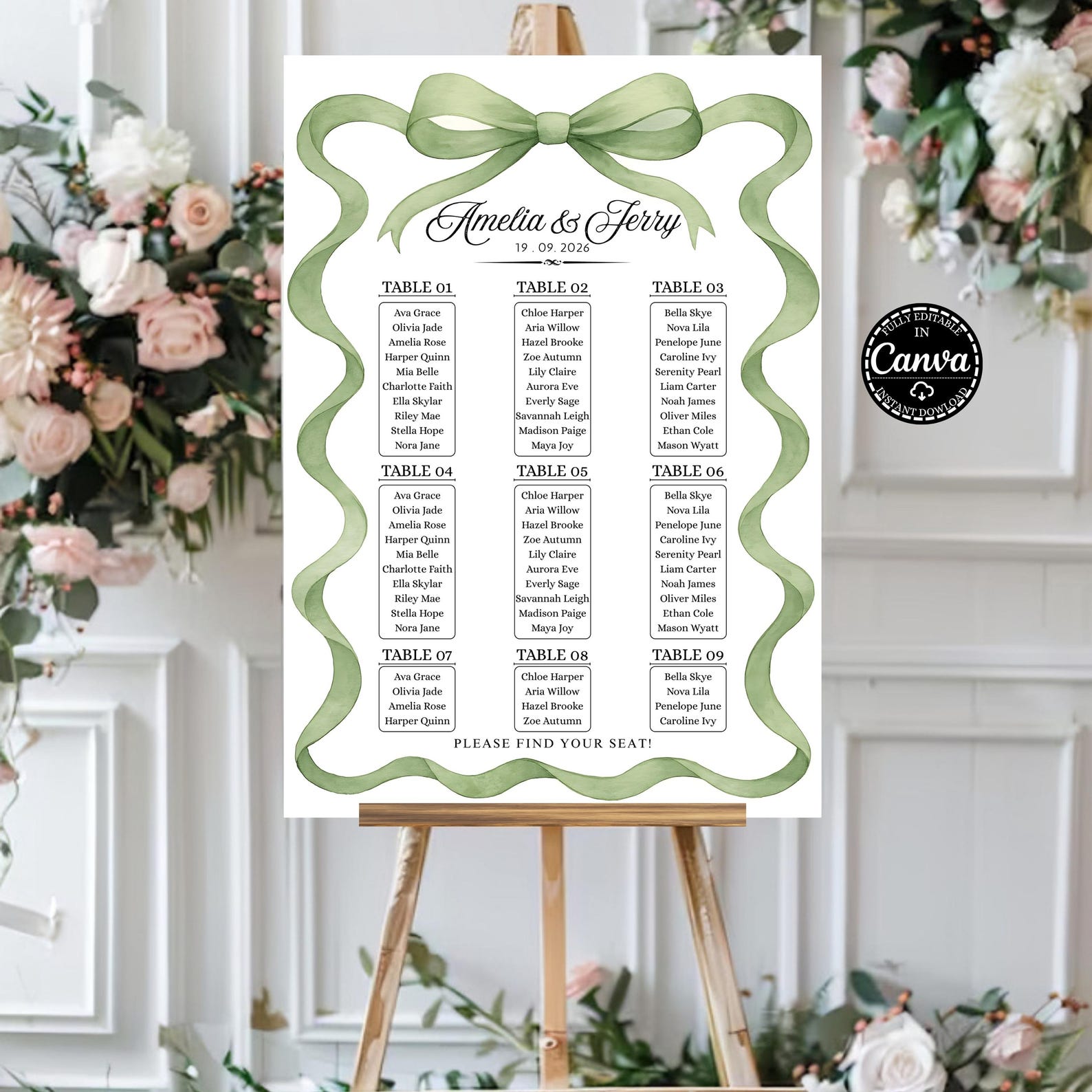 Editable Bow Seating Chart Template for Wedding or Baby Shower ...