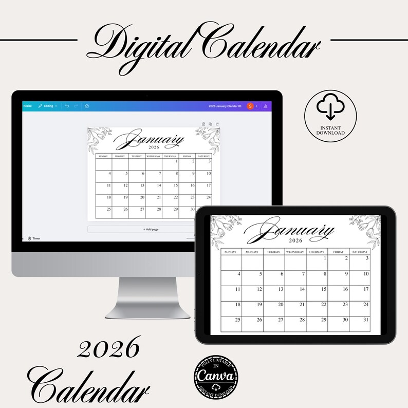 Editable January 2026 Calendar Canva Template, Printable Landscape ...