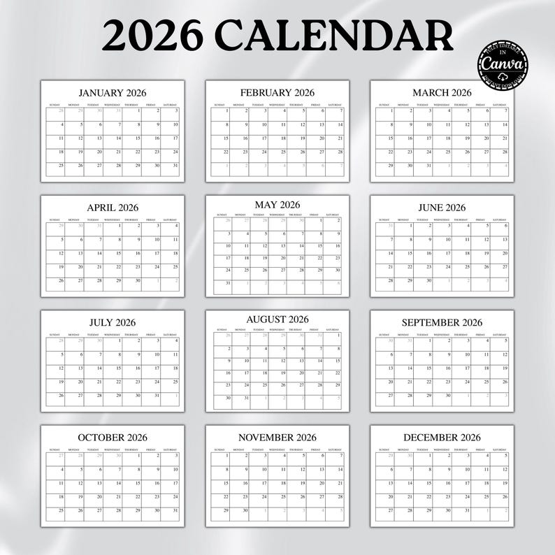 2026 Calendar Printable Canva Editable, Minimal Monthly & Yearly ...