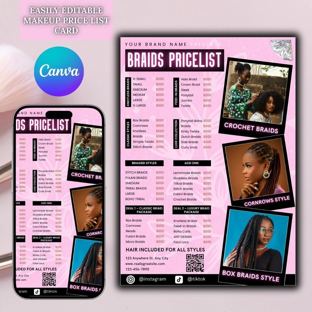 Editable Braids Price List Template: Canva Salon Menu Design - Etsy