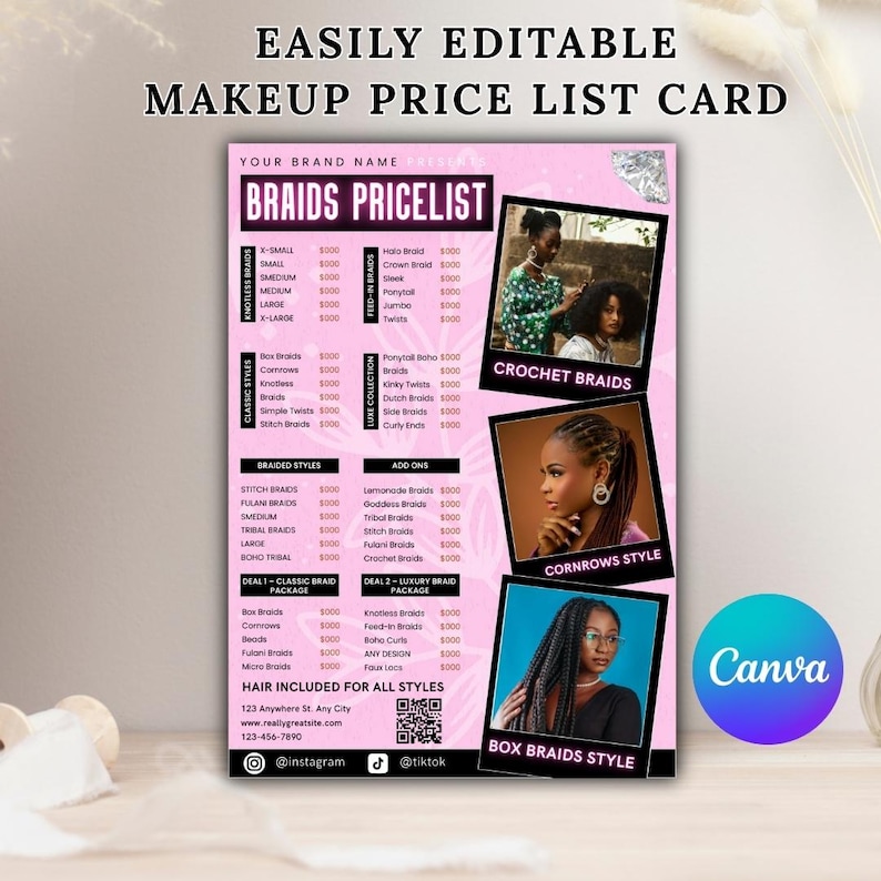Editable Braids Price List Template: Canva Salon Menu Design - Etsy