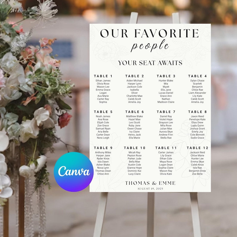 Editable Wedding Seating Chart Template, Printable Seating Plan Digital ...