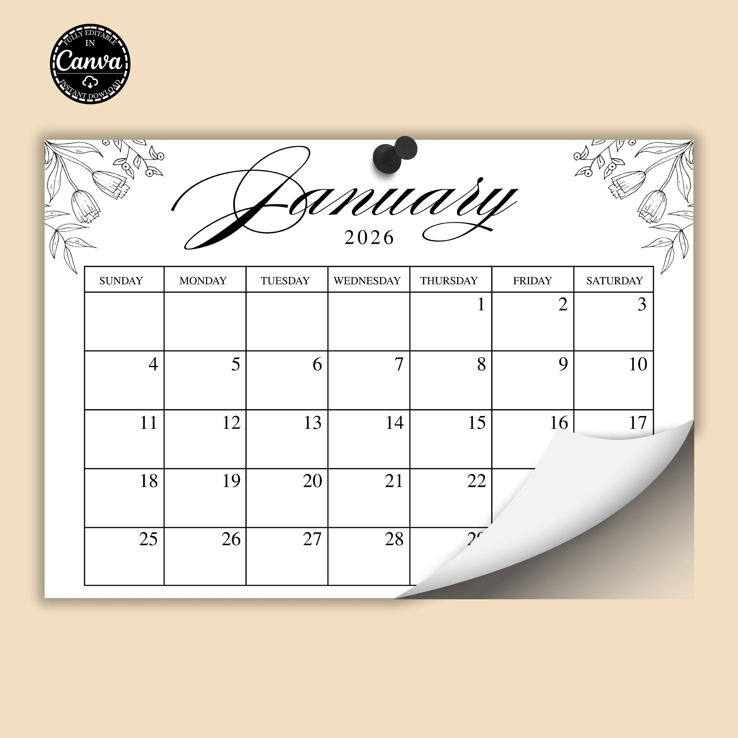 Editable January 2026 Calendar Canva Template, Printable Landscape ...