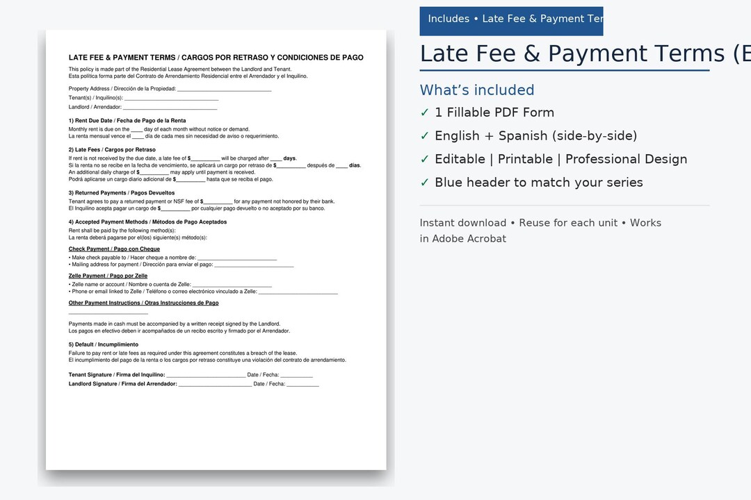 Bilingual Late Payment Fee Form English to Spanish - Etsy