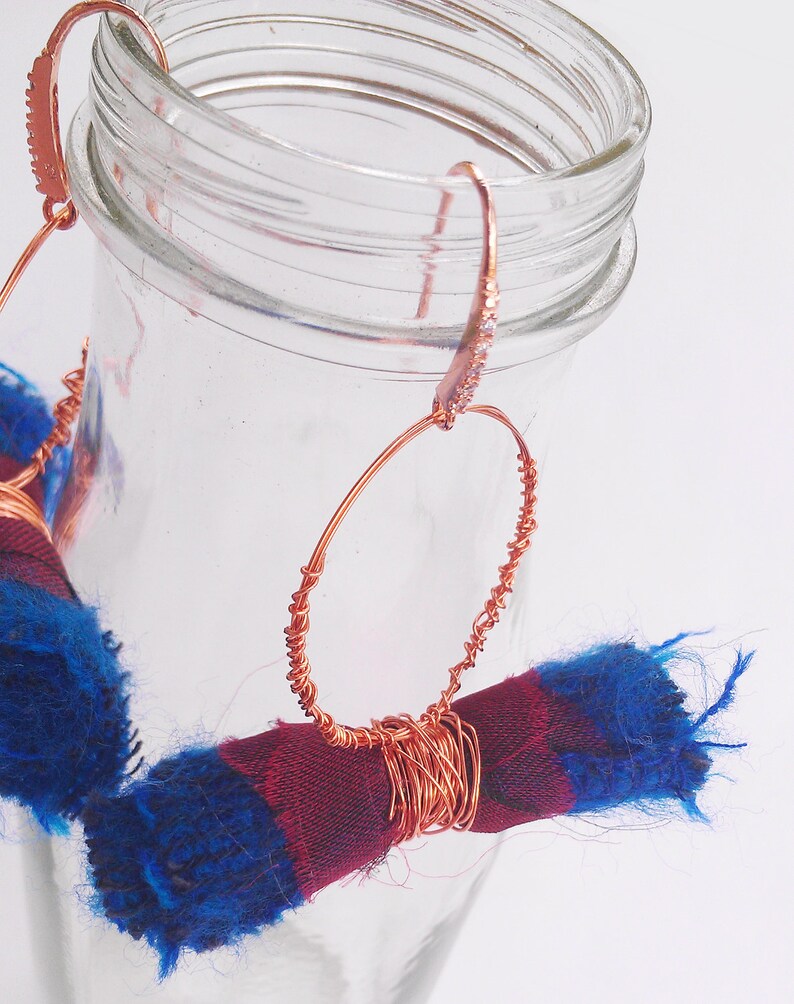 Blue Wool and Burgundy Chiffon Earrings Wrapped in Copper Wire "olivia ...
