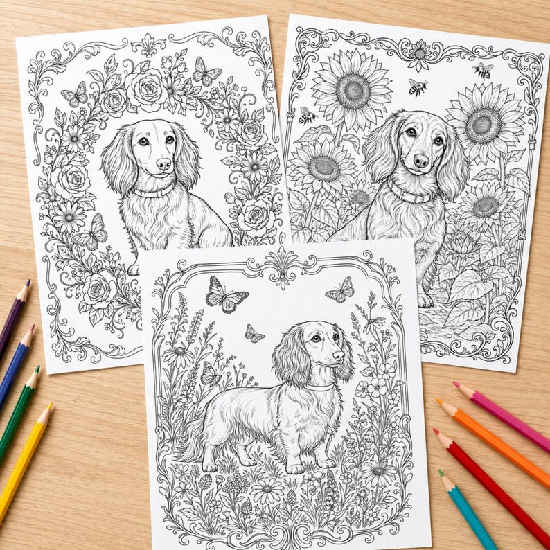 Dachshund Adult Coloring Book, Long Haired Wiener Dog Wall Art, 50 ...
