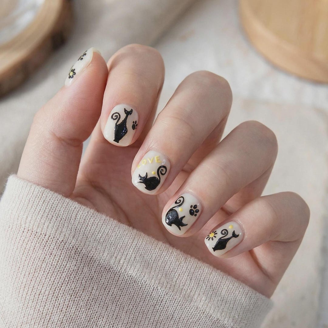 5D Black Cat Nail Decals, Sun & Heart Embossed Nail Art Stickers | Easy ...