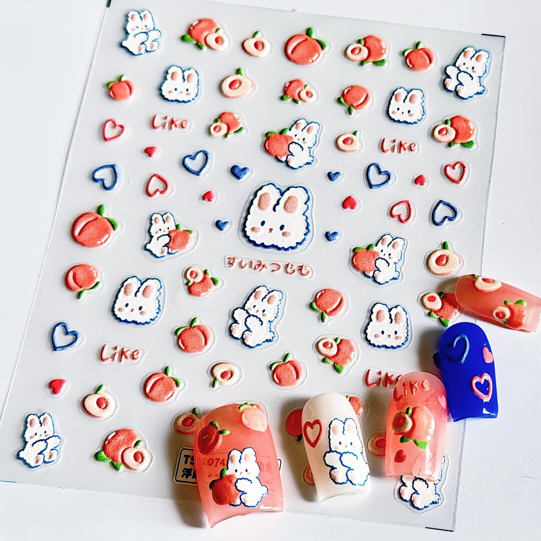 Bunny & Peach Nail Stickers: Ribbit, Heart and Fruits Cartoon Decals ...