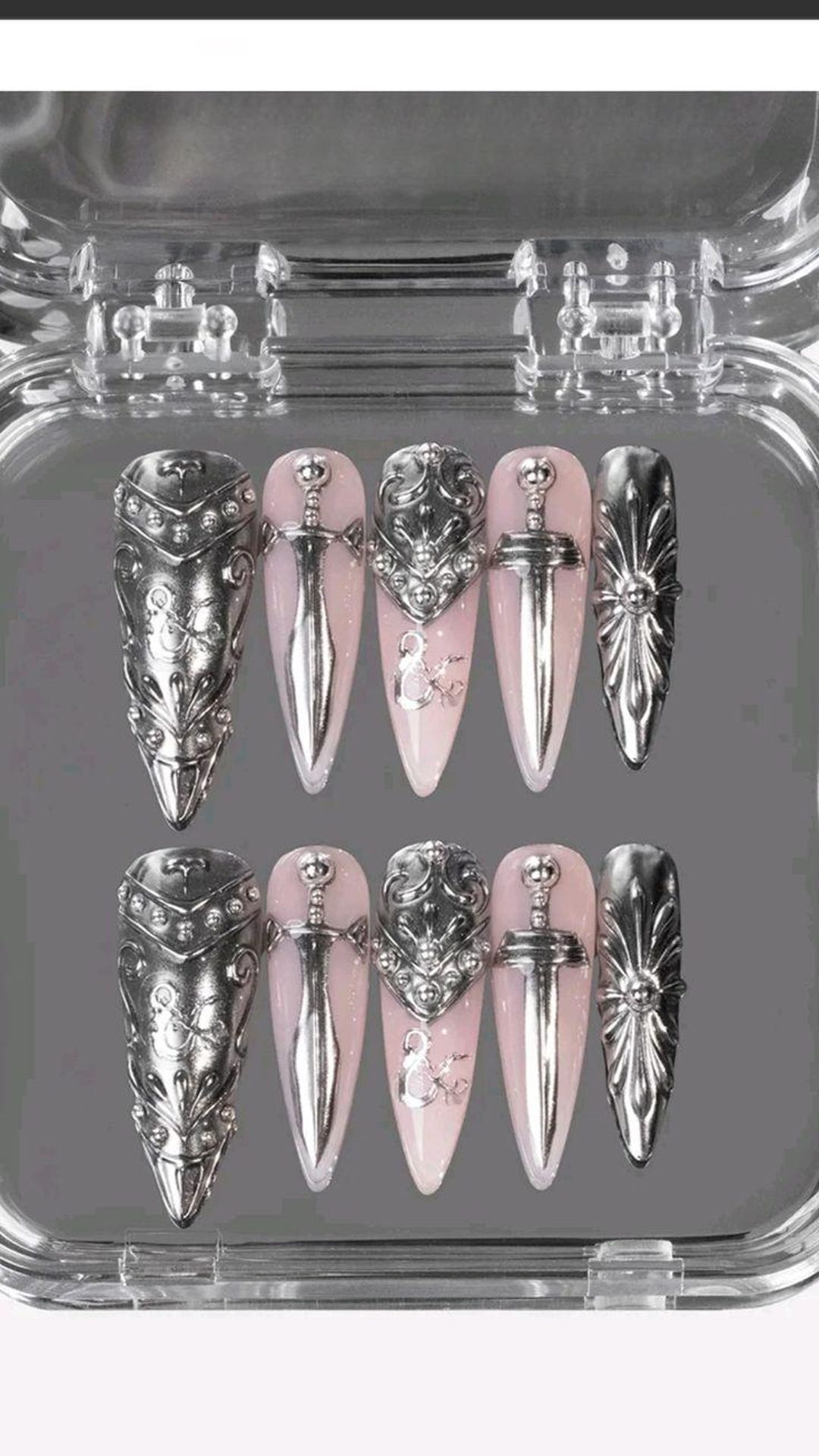 Gothic Silver Armor Press on Nails, Medieval Sword Nail Art, Dark ...