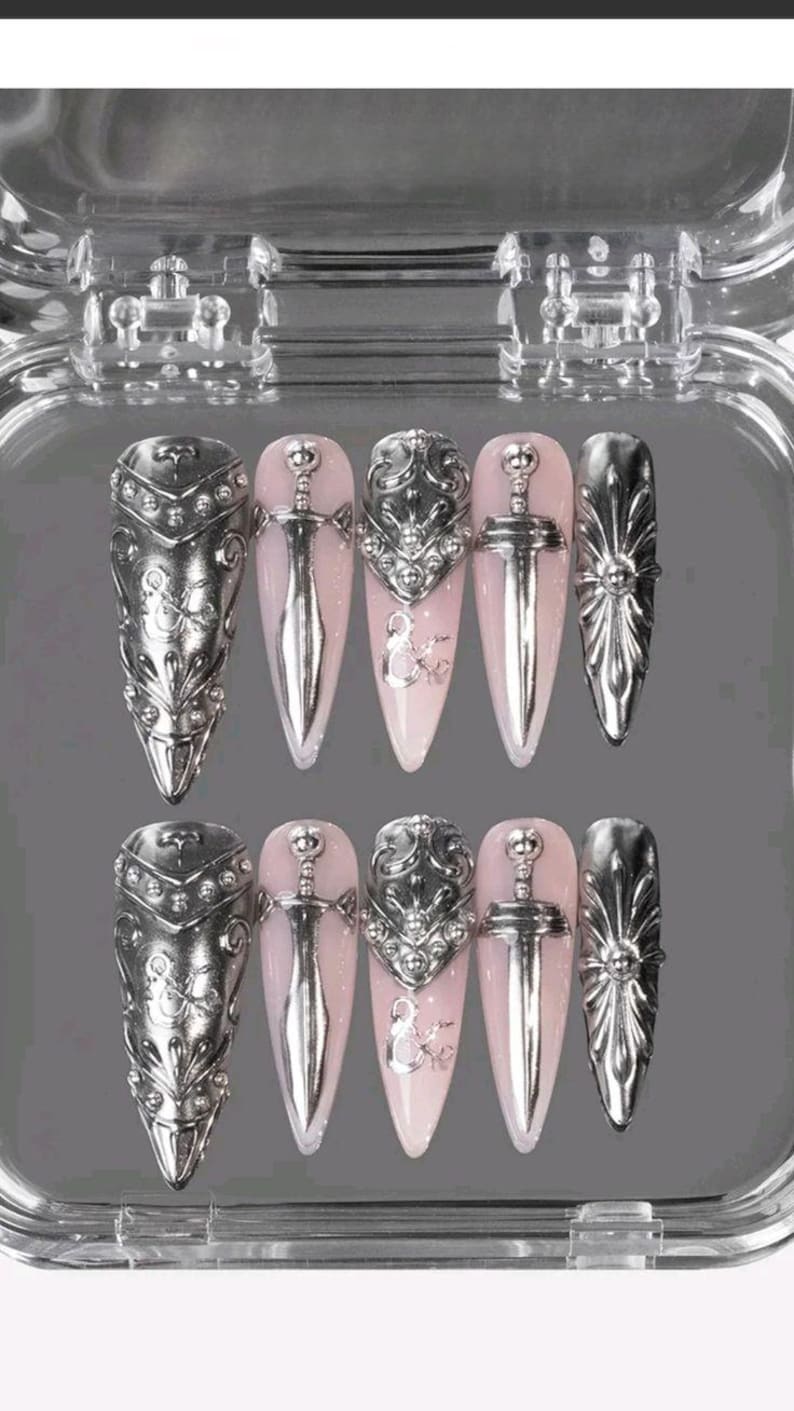 Gothic Silver Armor Press on Nails, Medieval Sword Nail Art, Dark ...