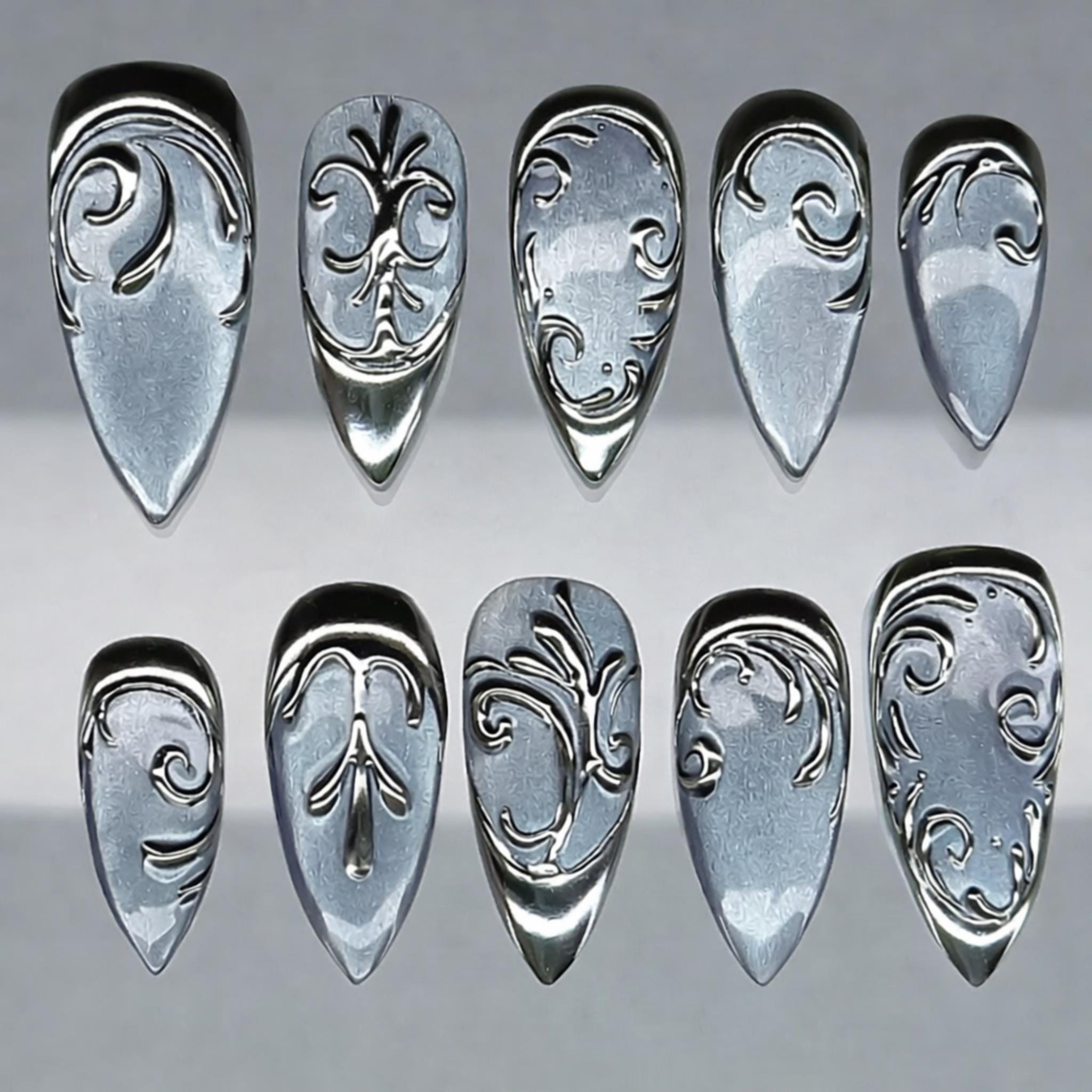 Baroque Chrome Press on Nails | Full Silver Sculpted Nail Art | Minimal ...